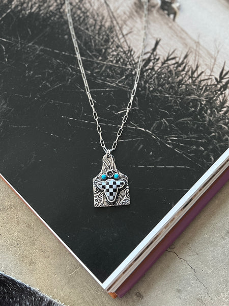 Checkered Cow Tooled Tag Necklace | Gussied Up Online Boutique ...