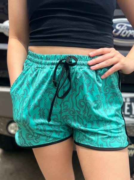 Sterling Kreek Riased Round Here Turquoise Shorts I Gussied Up Online ...