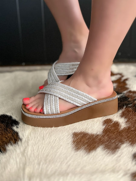 White Rhinestone Crisscross Platform Sandals | Gussied Up Online ...